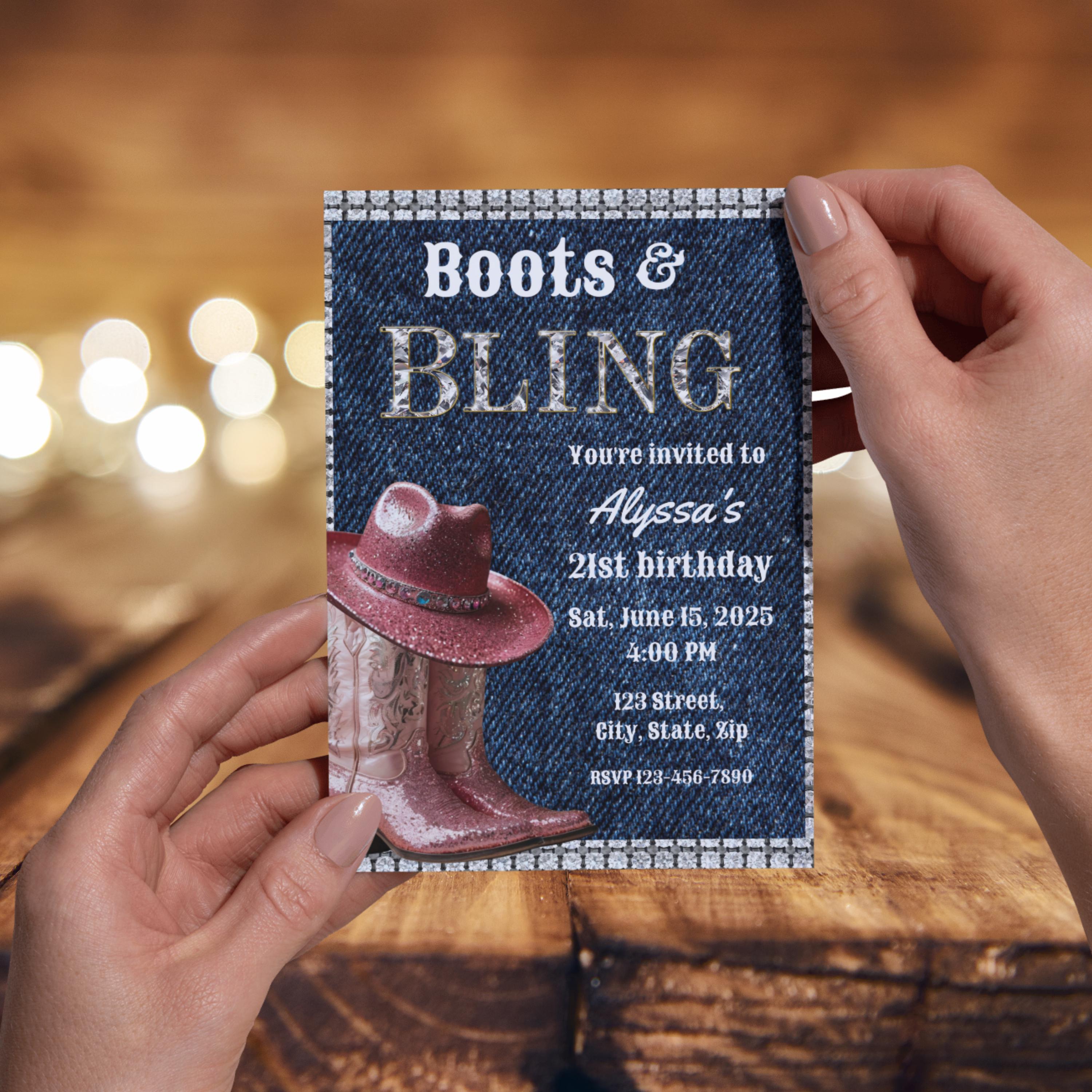 Denim Boots and Bling Birthday Invite | Cowgirl Party Invite Template ...