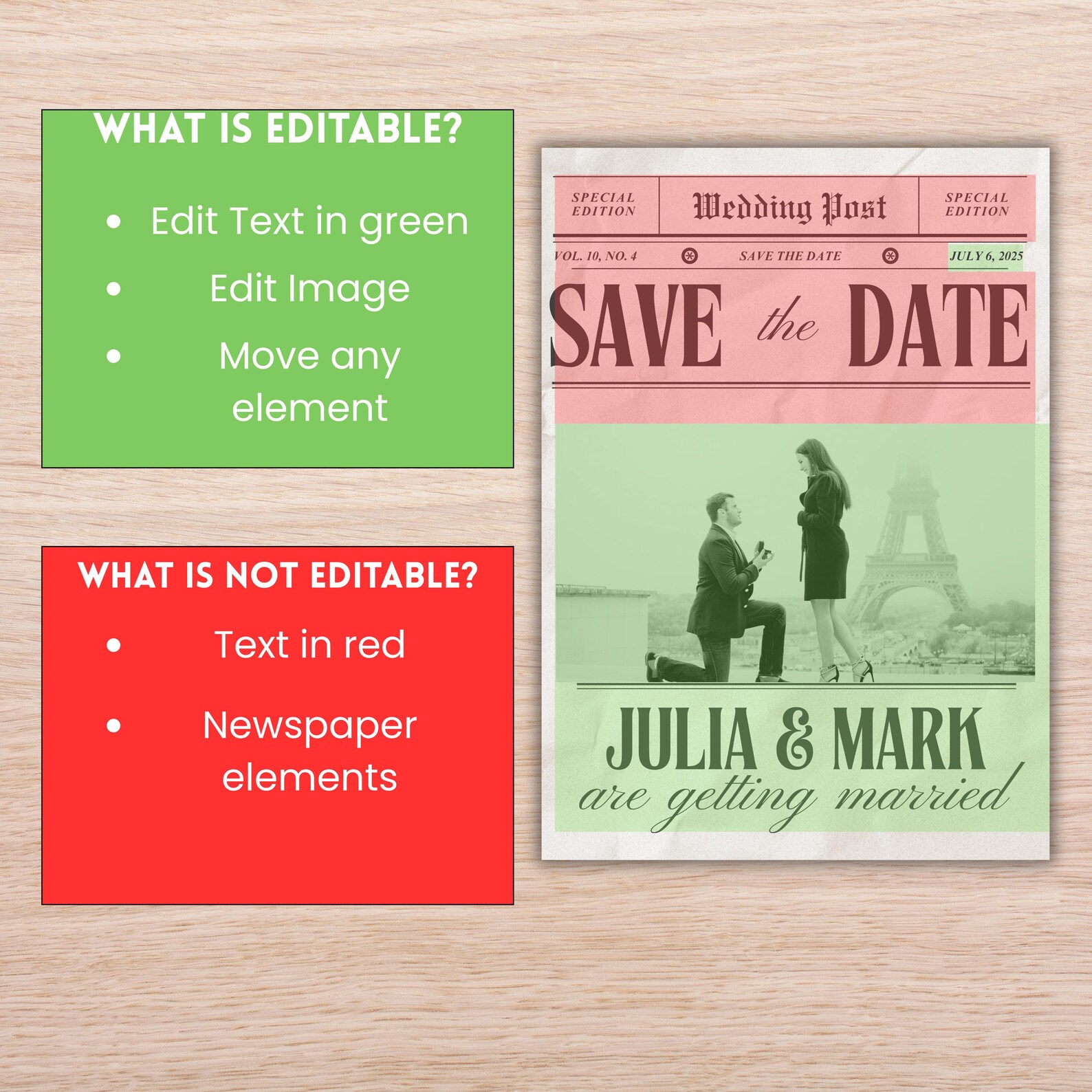 Save the Date Newspaper Wedding Invitation Template | Editable Vintage ...