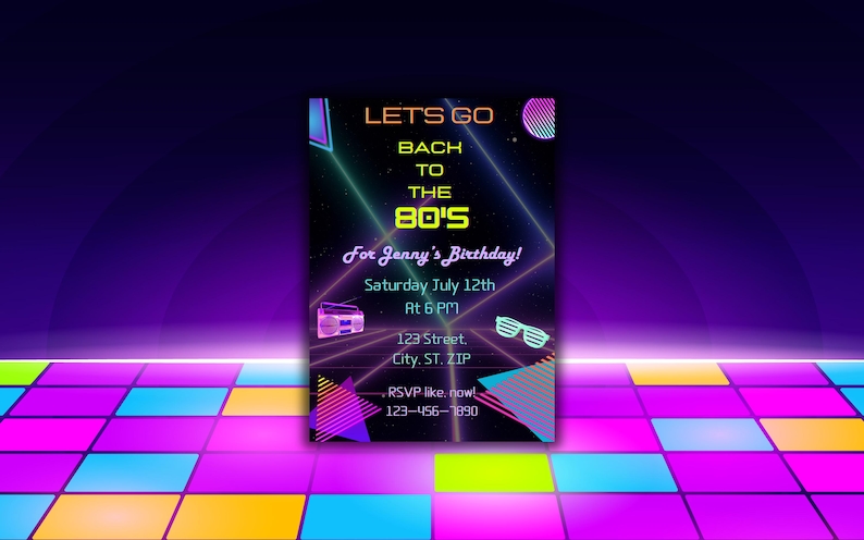 Editable Neon 80s Birthday Invitation Template | Retro Back to the 80s ...