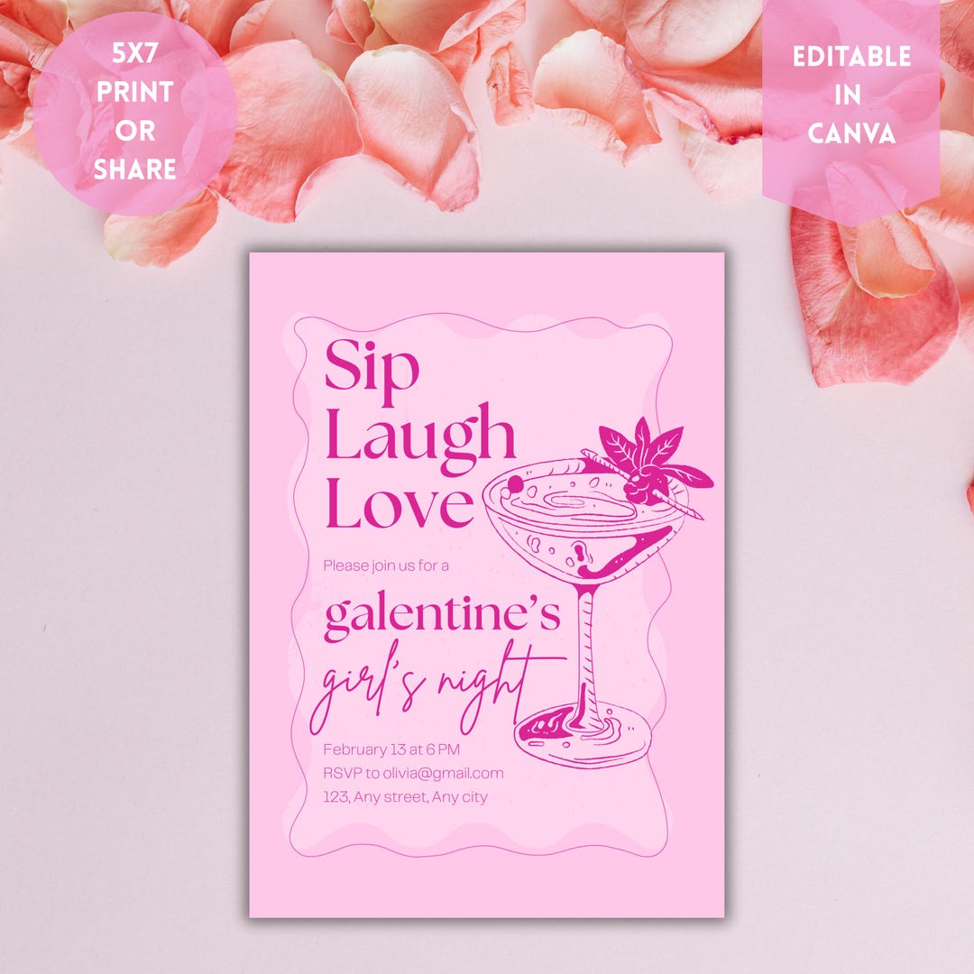 Galentine’s Night Invitation Template, Pink Girls Night Invite, Sip ...