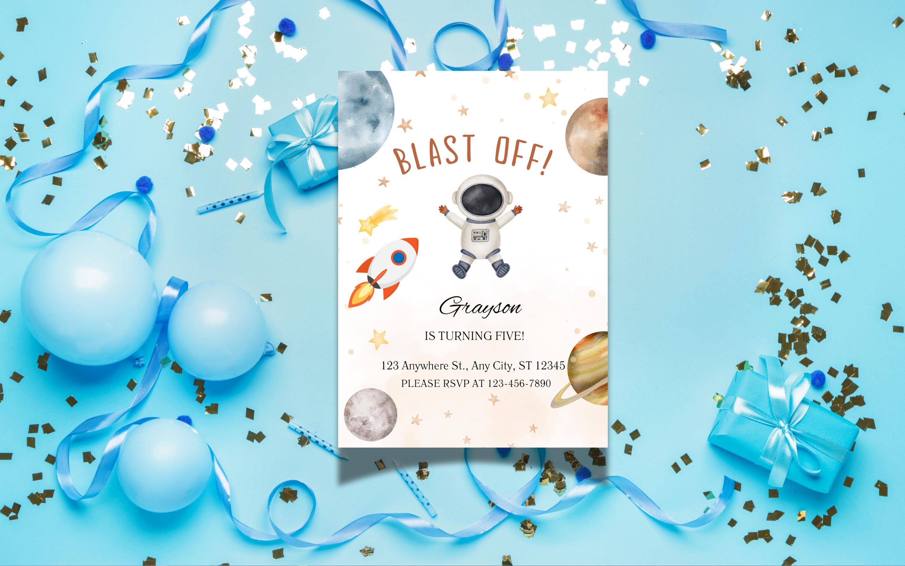 Blast off Birthday Invitation | Outer Space Astronaut Party Template ...