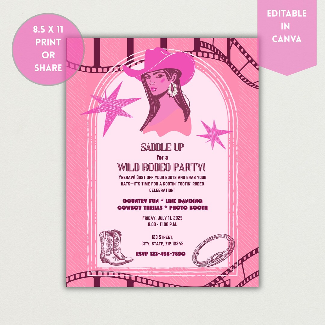 Editable Cowgirl Rodeo Party Flyer Template – Pink Western Theme ...