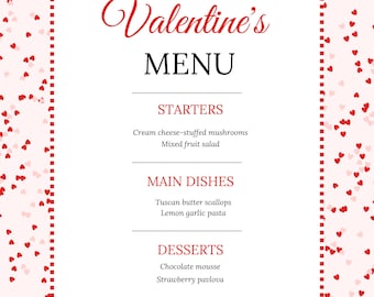 Editable Valentine's Day Menu Template, Printable Romantic Menu Card ...