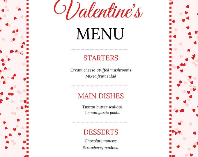 Editable Valentine's Day Menu Template, Printable Romantic Menu Card ...