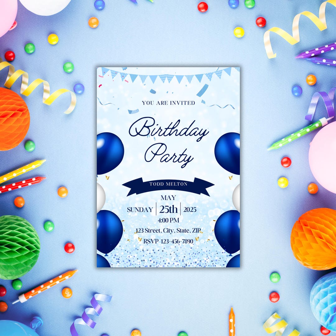 Boy's Birthday Party Invitation Template | Blue Balloon Theme ...