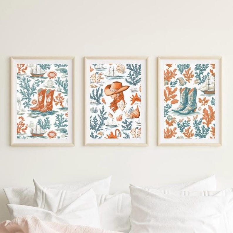 Texas Coastal Cowgirl Wall Art Set, 3 Original Prints Beachy Nautical ...