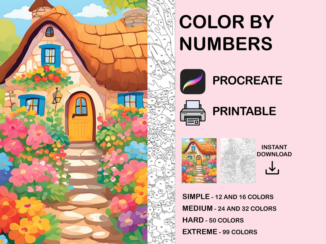Cottage House Color by Number, Procreate Adults Coloring Book (PDF, SVG ...