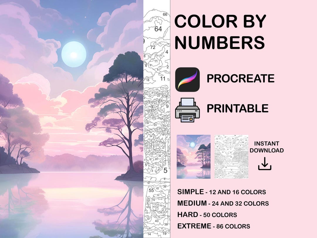 Lake Color by Number: Procreate Adults Coloring Book (digital Download ...