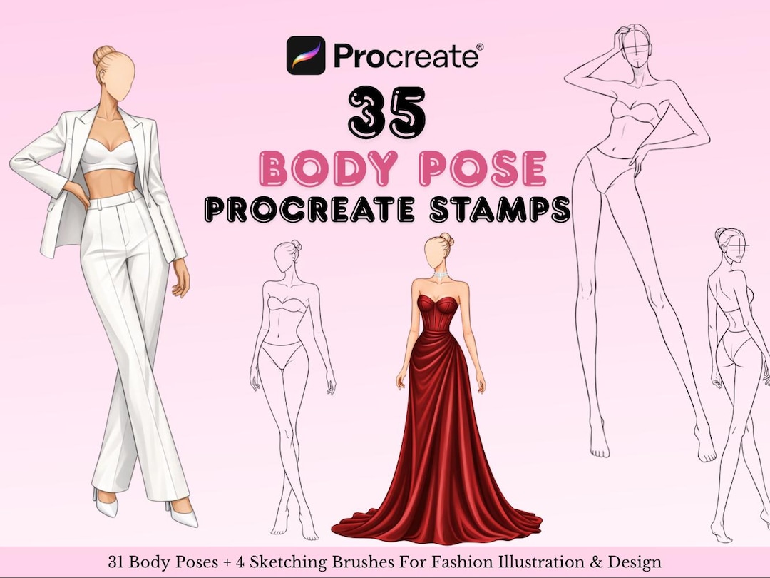 Fashion Body Pose Procreate Stamps | 31 Figure Poses + 4 Sketching ...