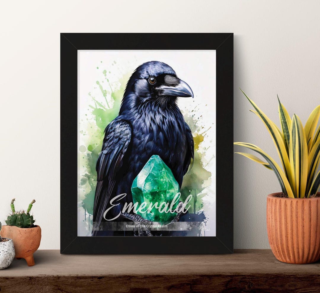 Emerald Crystal Crows Poster Art Print, Framed Wall Decor for Metaphysical Crystal Lovers ...