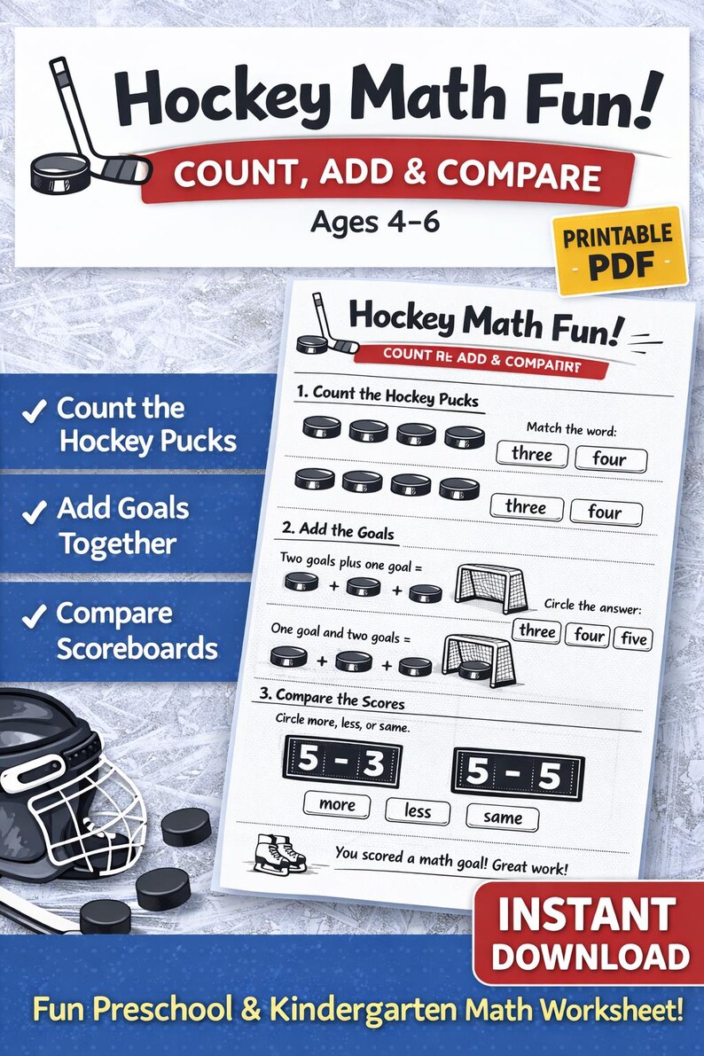 Hockey Math Worksheet | Counting, Adding, Comparing (PDF Download) - Etsy
