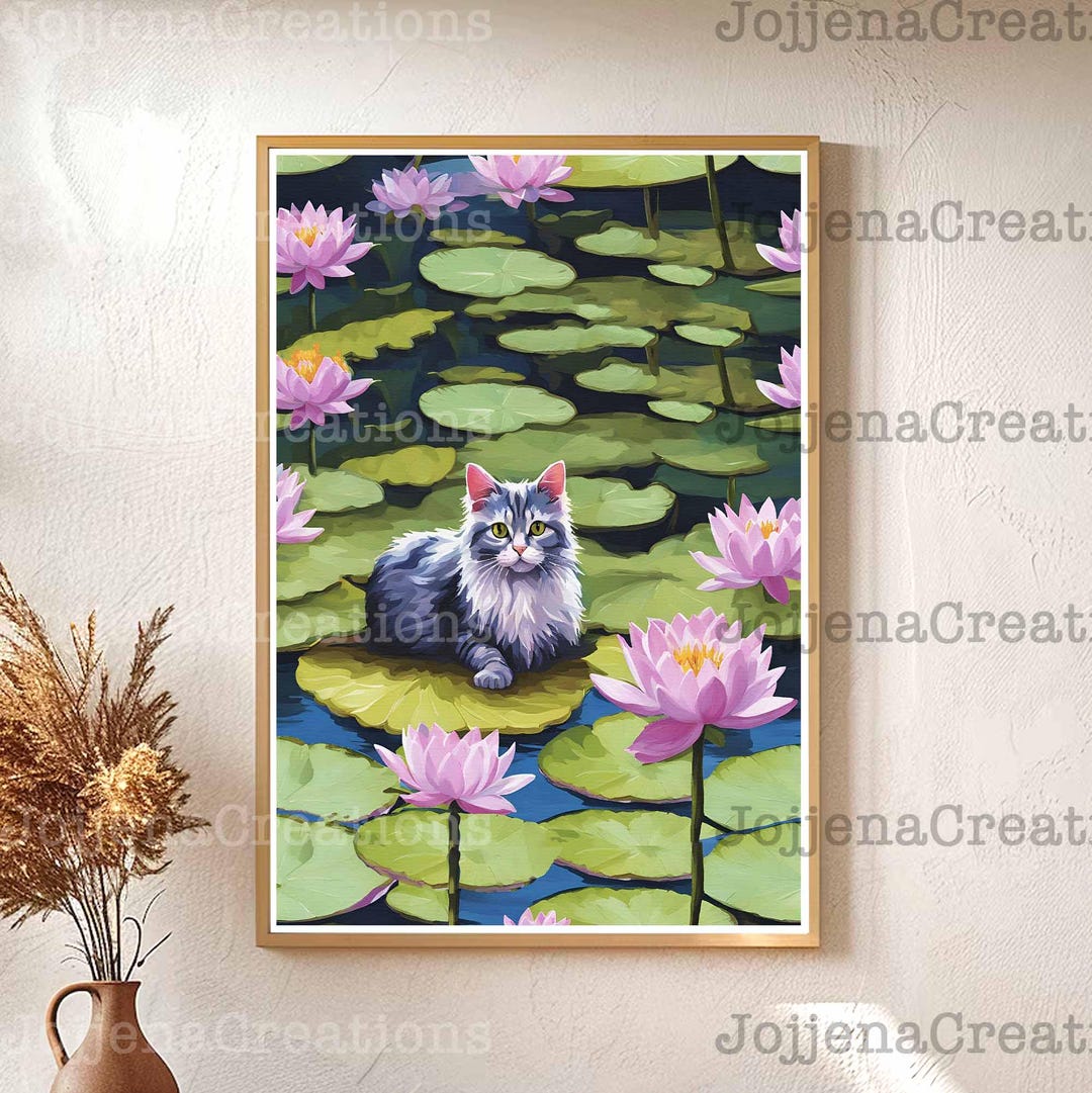 Monet Waterlily Cat Print, Claude Monet Cat Poster, Cat Art, Floral ...