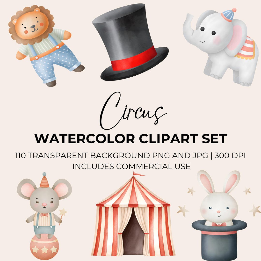 110 Watercolor Circus Clip Art Bundle, Circus Animals Illustrations ...