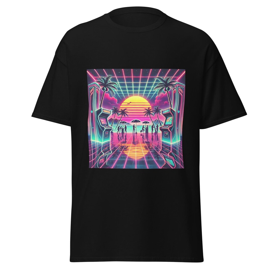 Retro Coastal Arcade Tee – 80s Neon Sunset & Gaming Nostalgia - Free ...