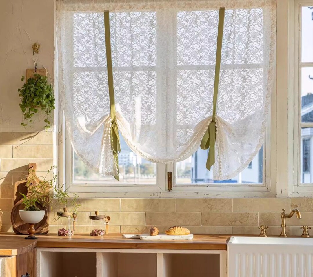 Lace Kitchen Half Curtain: No-drill Sheer Pom-pom Window Treatment ...