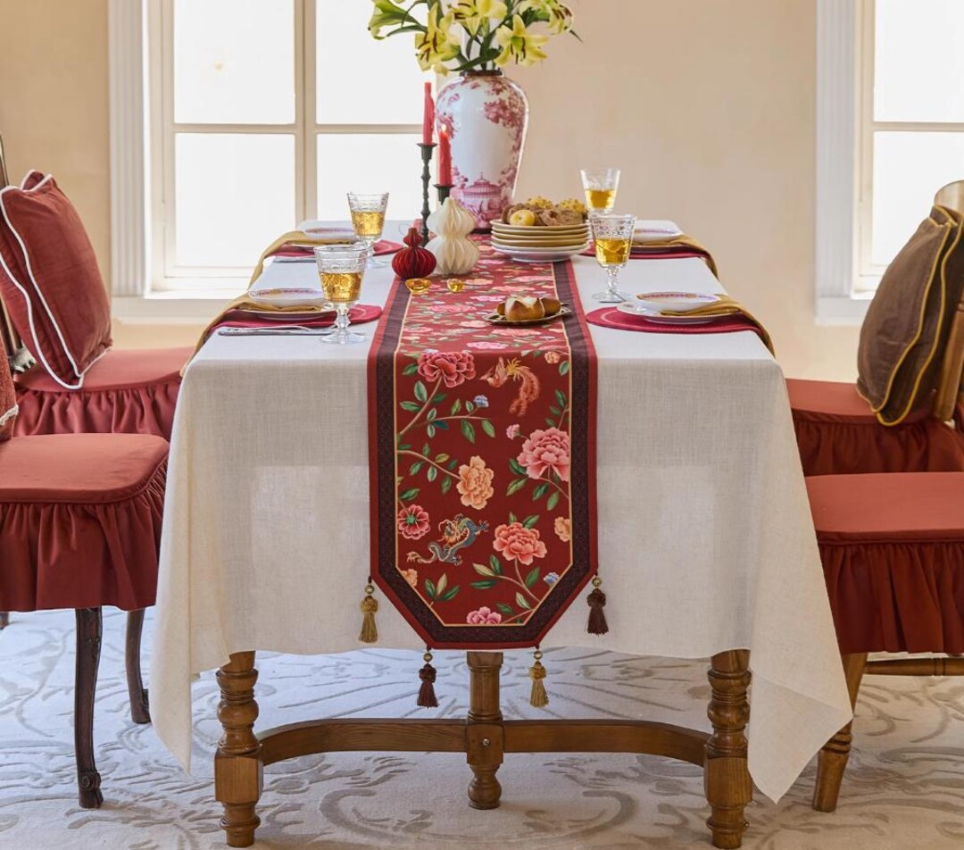 Red Christmas Table Runner: Dragon Phoenix Auspicious Design With ...