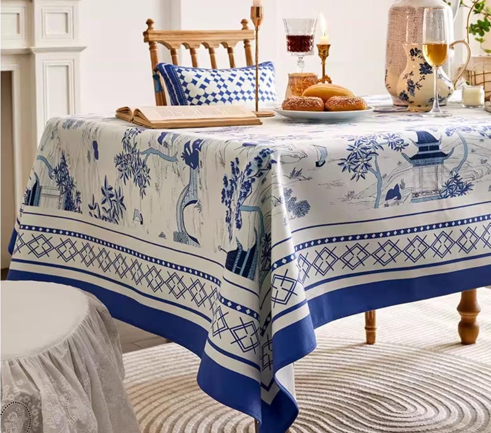 Elegant Blue and White Tablecloth| French Vintage Tablecover| Oriental ...