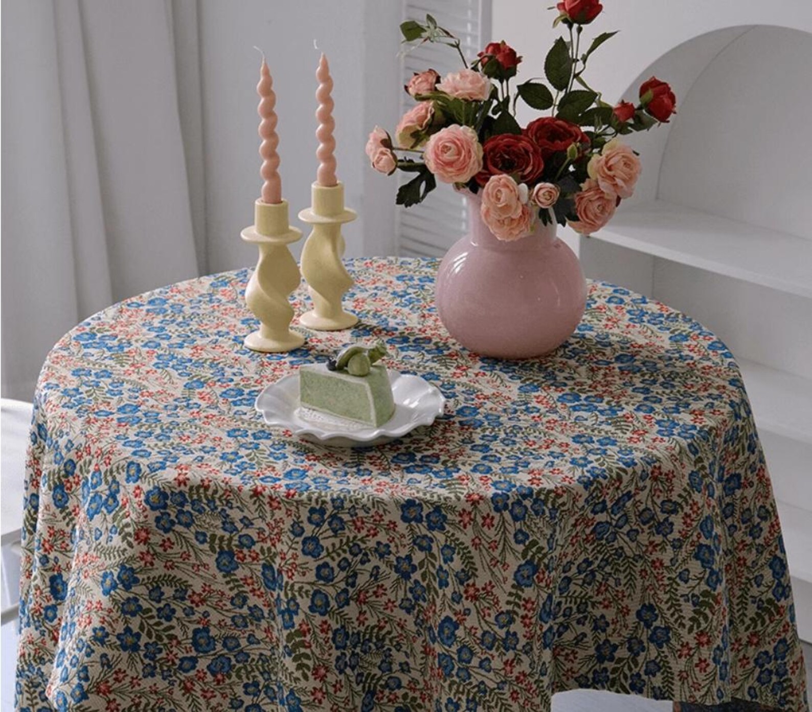 Cottagecore Blue Red Small Flower Tablecloth,floral Jacquard Table ...