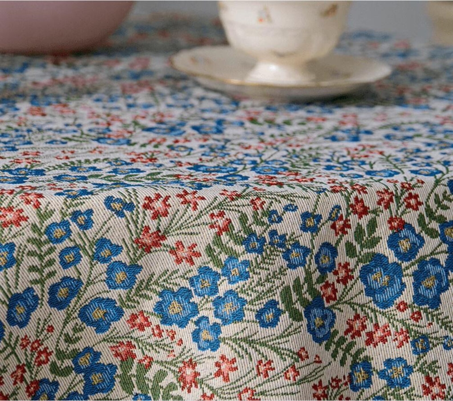 Cottagecore Blue Red Small Flower Tablecloth,floral Jacquard Table ...