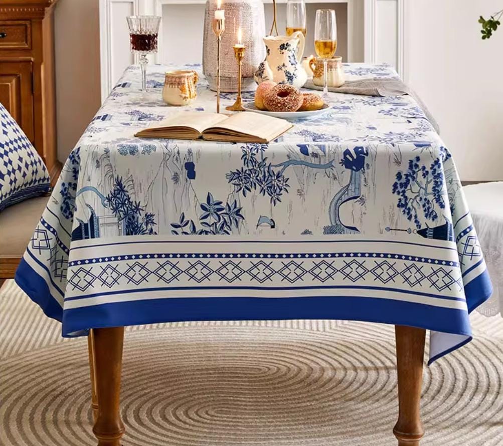 Elegant Blue and White Tablecloth| French Vintage Tablecover| Oriental ...