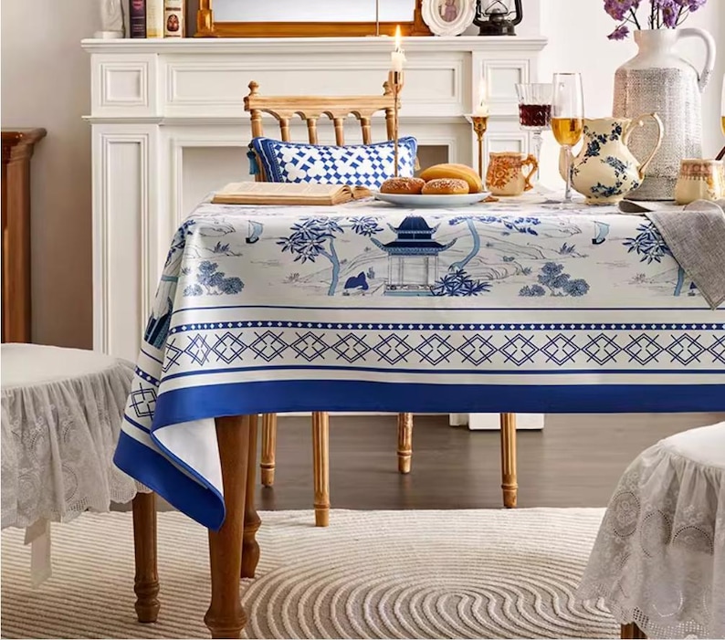 Elegant Blue and White Tablecloth| French Vintage Tablecover| Oriental ...