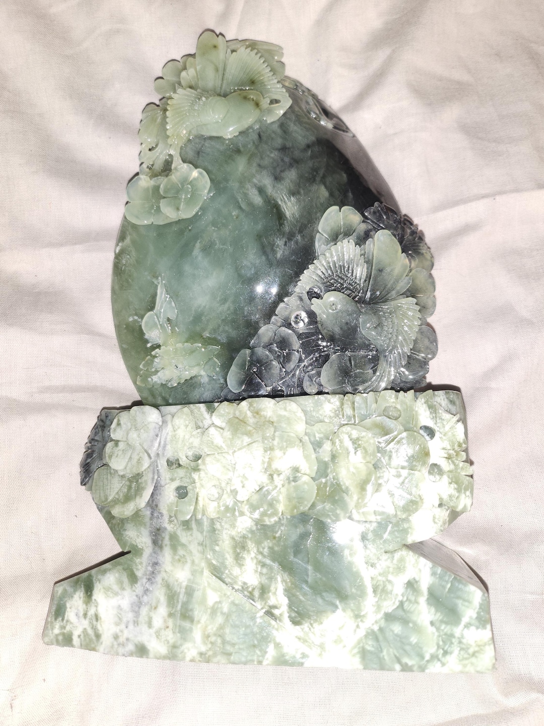 High Quality BIG Natural Green Jade Scene With Flowers and Birds ...
