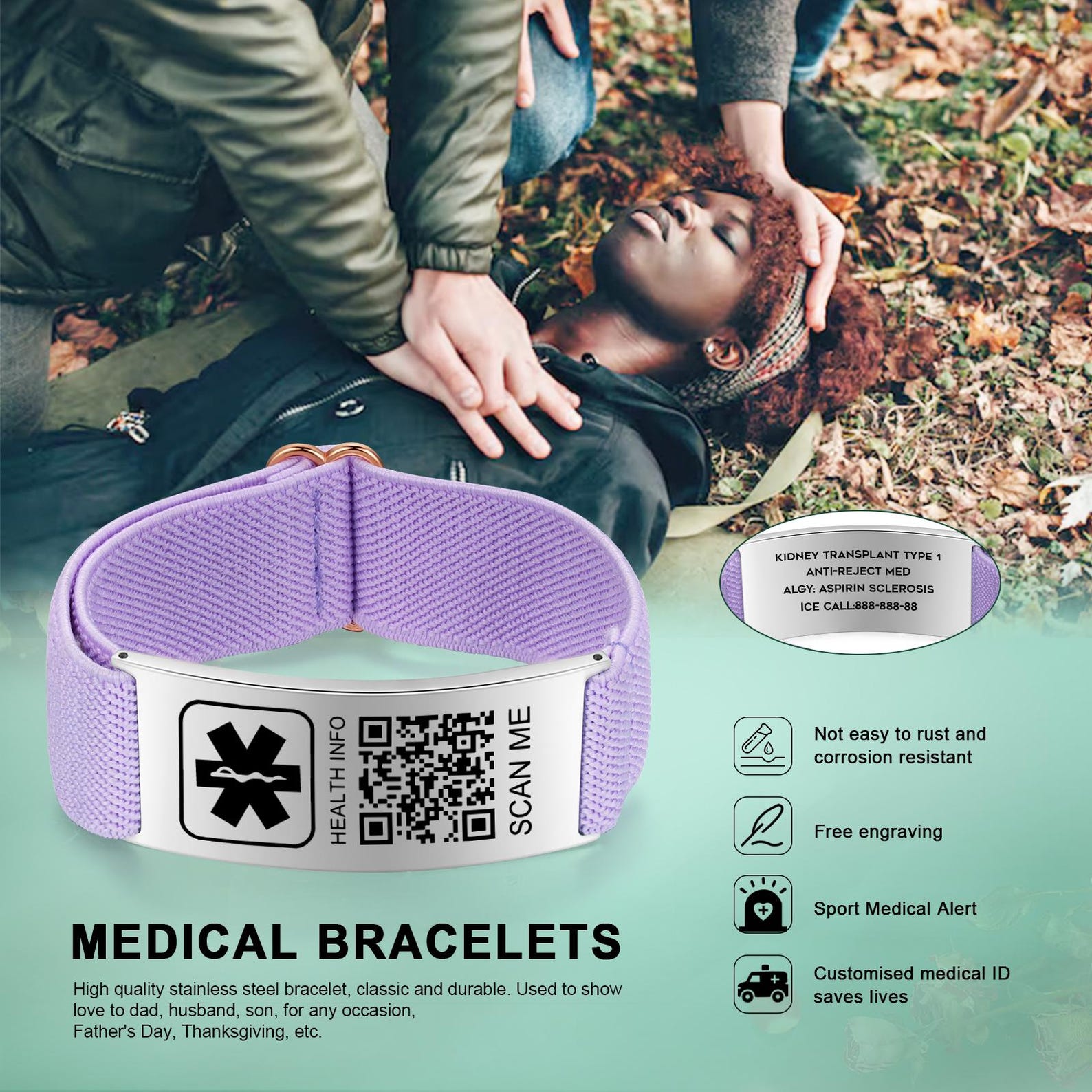 Medical ID Bracelet Men,qr Code Medical,adjustable Elastic Cord,medic ...