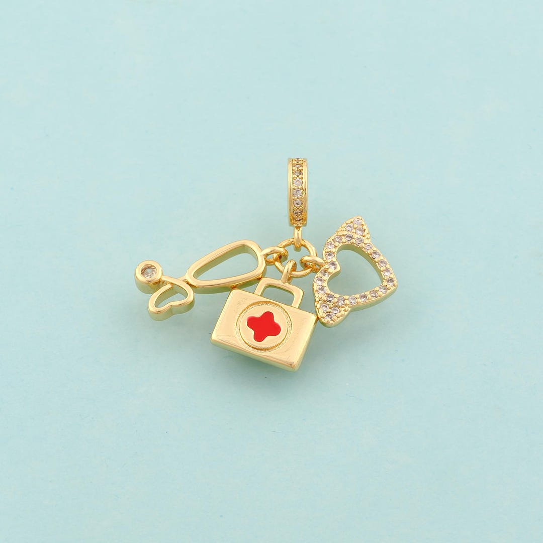 Gold CZ Stethoscope Charms,first Aid Kit Jewelry,enamel Heart Pendant ...