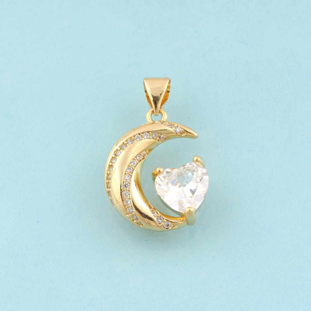 Gold CZ Crescent Moon Charms,heart Jewelry,celestial Pendant for DIY ...