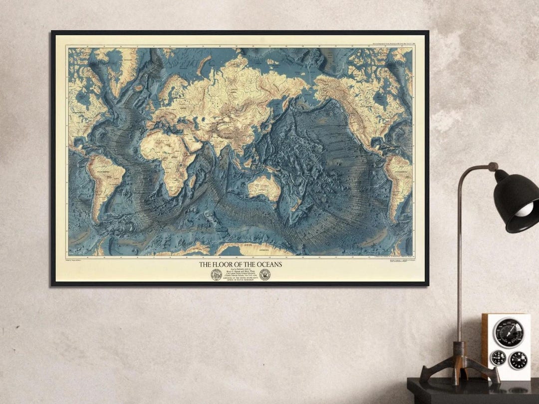 World Map of the Floor of the Oceans 1976 Vintage 70s Poster Print ...