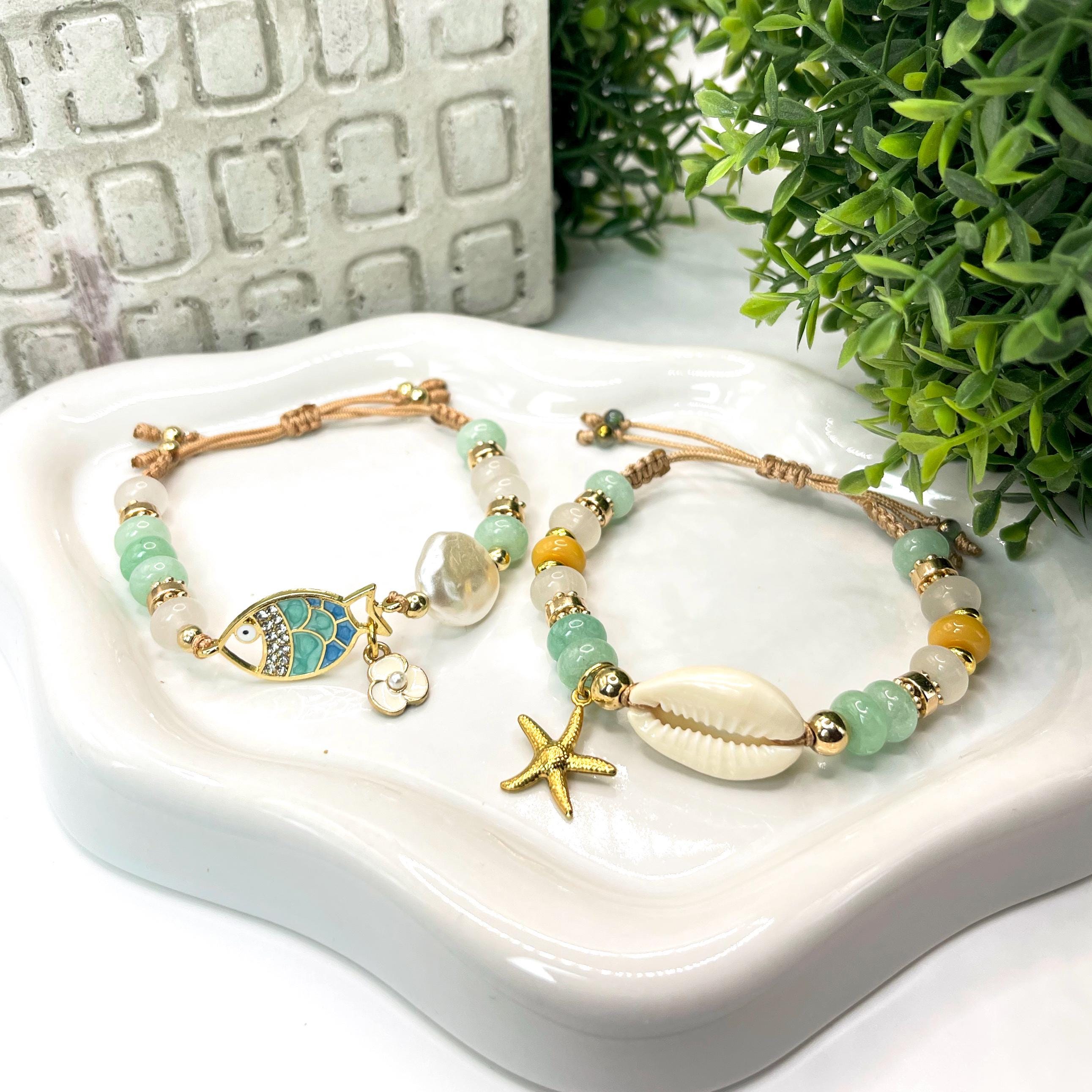 Handmade Ocean-inspired Beaded Bracelets-cowrie Shell, Fish Charm - Etsy