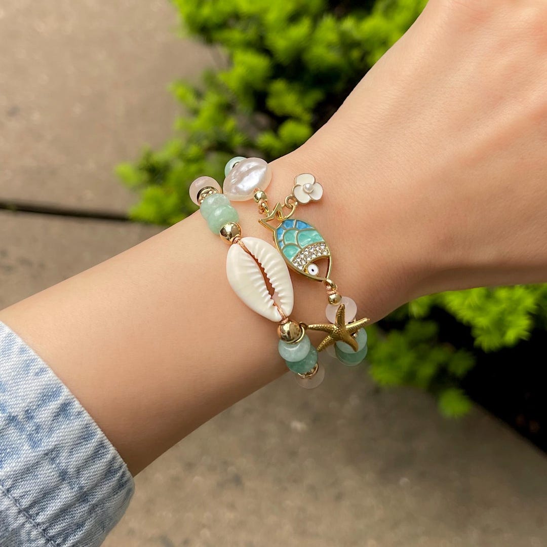 Handmade Ocean-inspired Beaded Bracelets-cowrie Shell, Fish Charm - Etsy