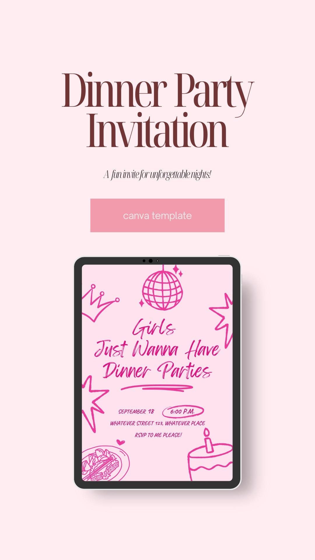 Pink Aesthetic Girls’ Night Dinner Party Invitation Template ...