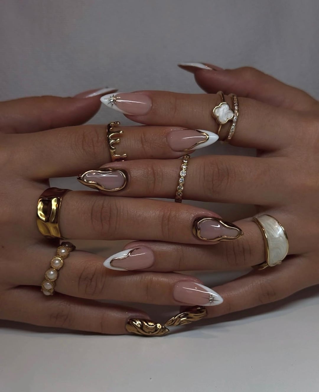 24K Gold Press on Nails White/medium Almond Prom Birthday Wedding Nails ...