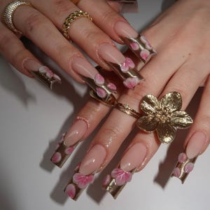 3D Floral Gold Chrome Press on Nails/handmade Acrylic Faux Nails With ...