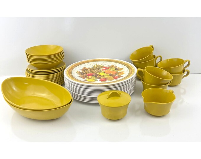 Vintage 46 PC Melamine Dishes Set Fruit Gold National Home Products 70s ...