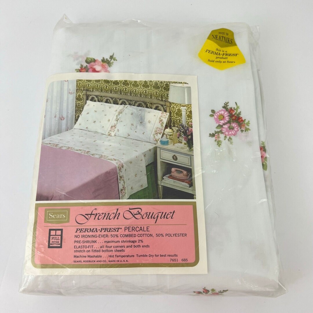 Vintage Sears Full Fitted Sheet French Bouquet Roses Perma Prest ...