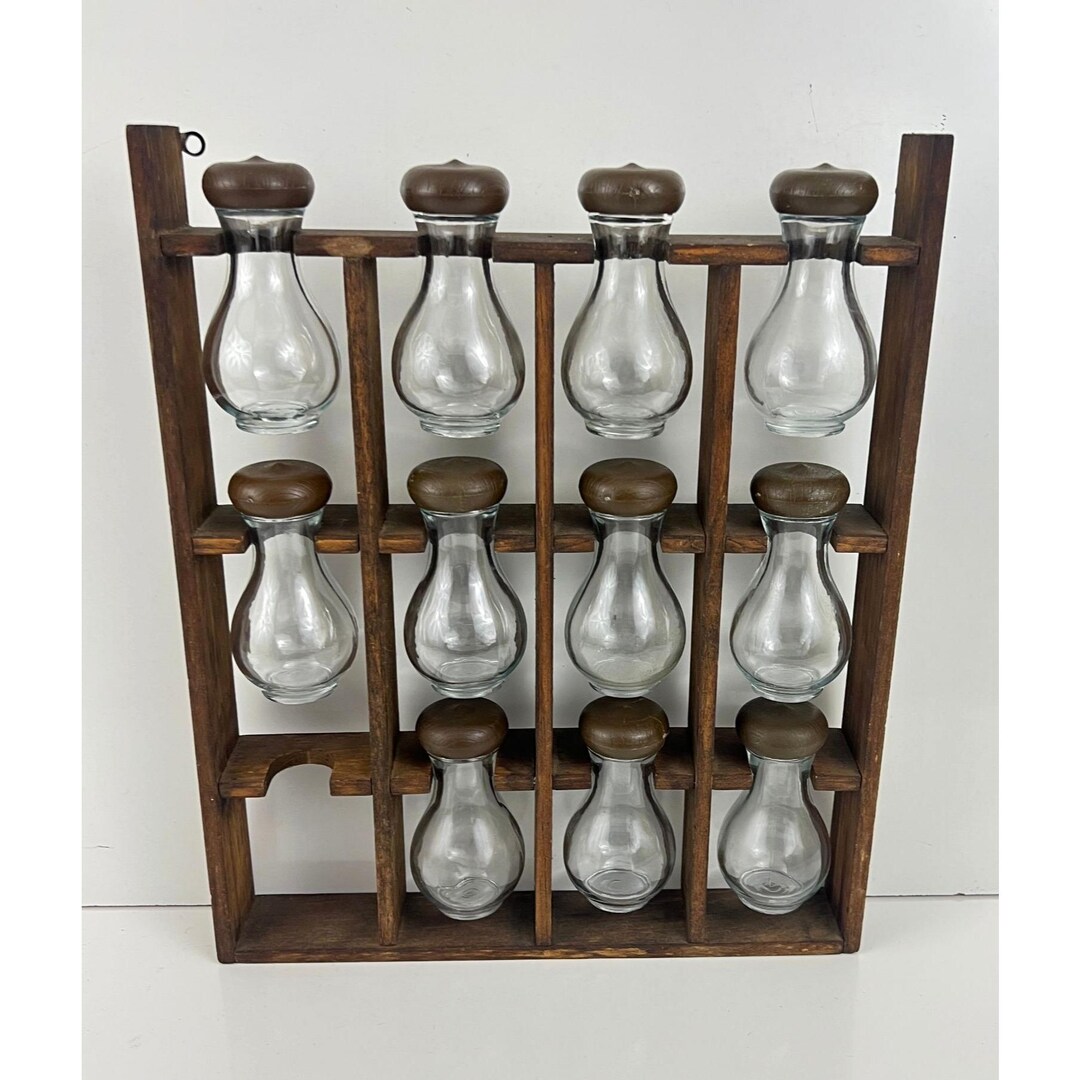 MCM Vintage Wooden Spice Rack Hanging Tear Drop Mushroom Glass Jars - Etsy