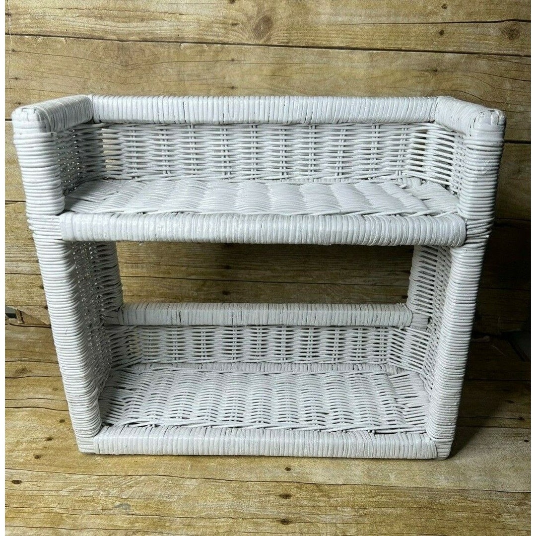 Vintage White Wicker Wall Shelf With Two Shelfs Small Bathroom Bedroom ...
