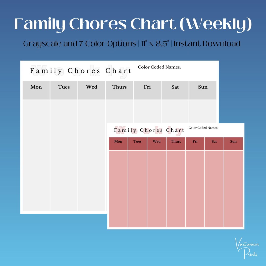 Family Chores Chart (weekly) | 11” X 8.5” Landscape Templates | Instant ...