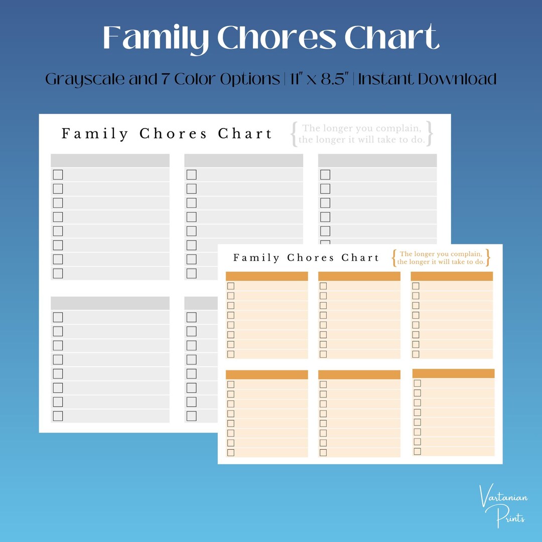 Family Chores Chart | 11” X 8.5” Landscape Templates | Instant Download ...