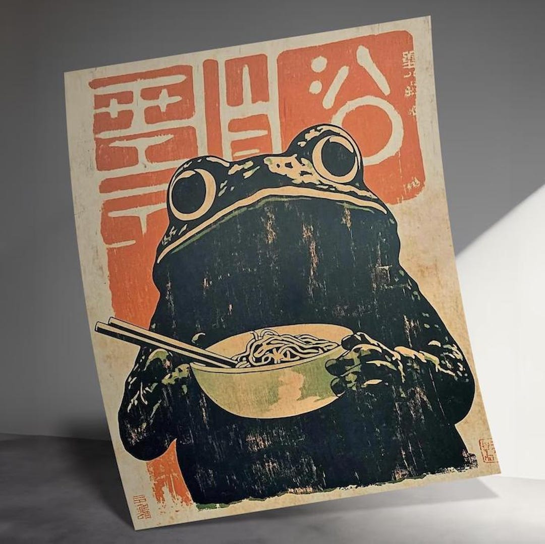 Frog Ramen Poster, Frog Eating Ramen Print, Ramen Noodles Wall Art, Quirky Kitchen Decor ...