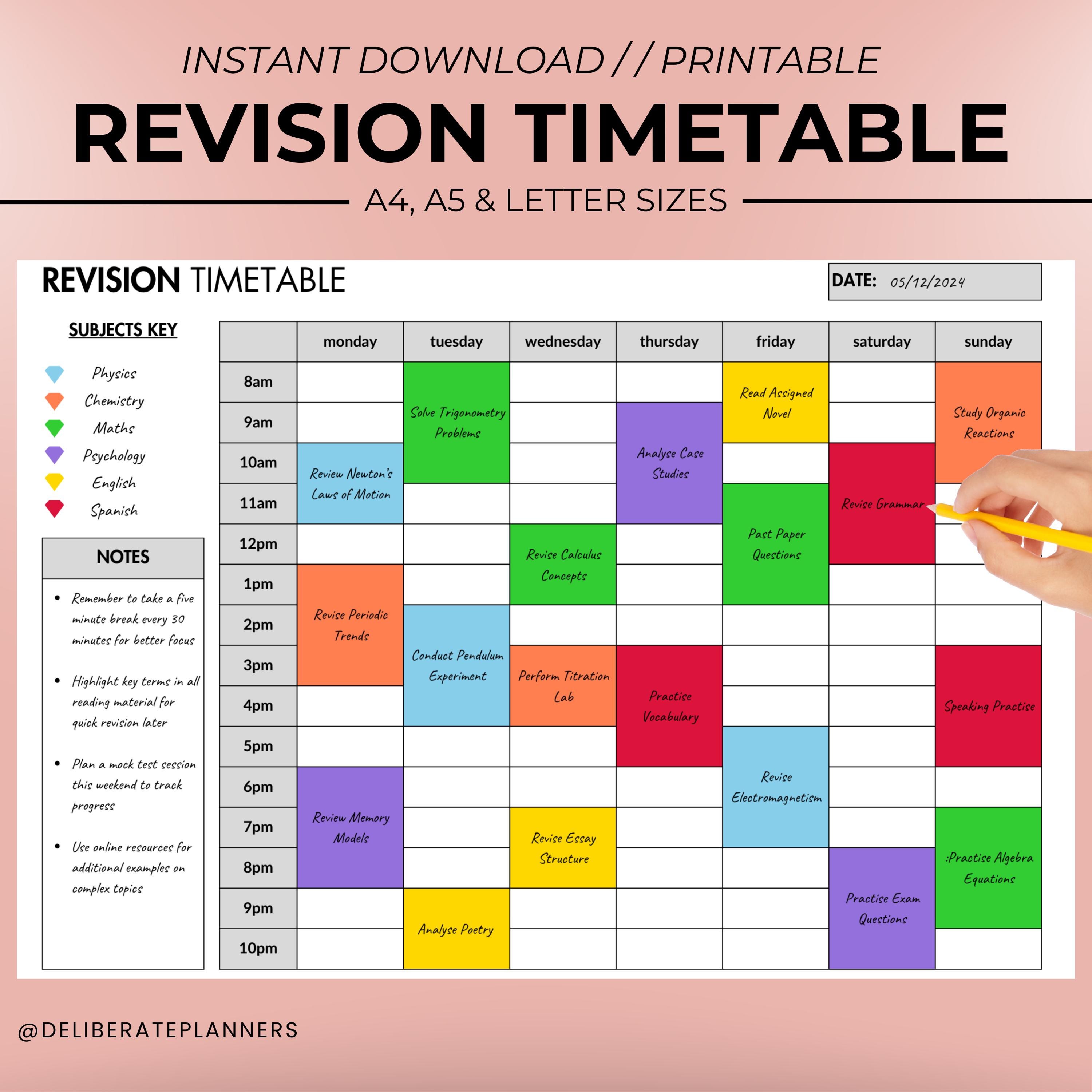 Simple Revision Timetable | Study Planner | Printable Timetable ...