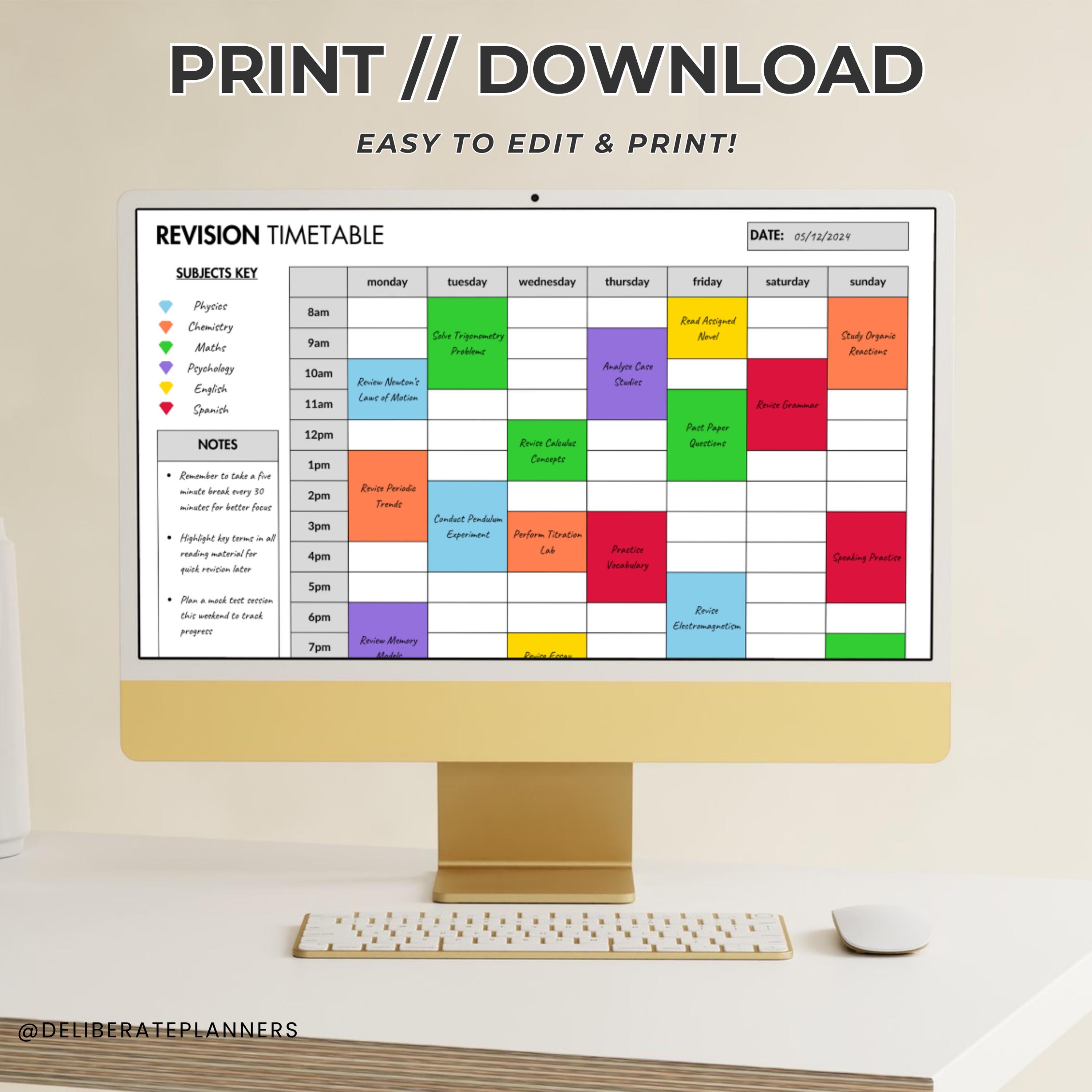 Simple Revision Timetable | Study Planner | Printable Timetable ...