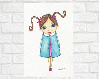 Watercolor Girl With Pigtails Painting Girl Wall Art. Girl Illustration ...