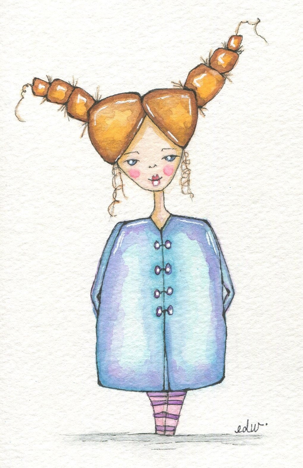 Watercolor Girl With Pigtails Painting Girl Wall Art. Girl Illustration ...