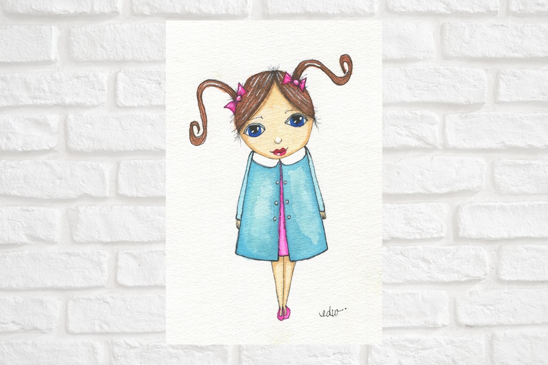 Original Watercolor Pigtail Girl Painting: Whimsical Kids Room Art - Etsy