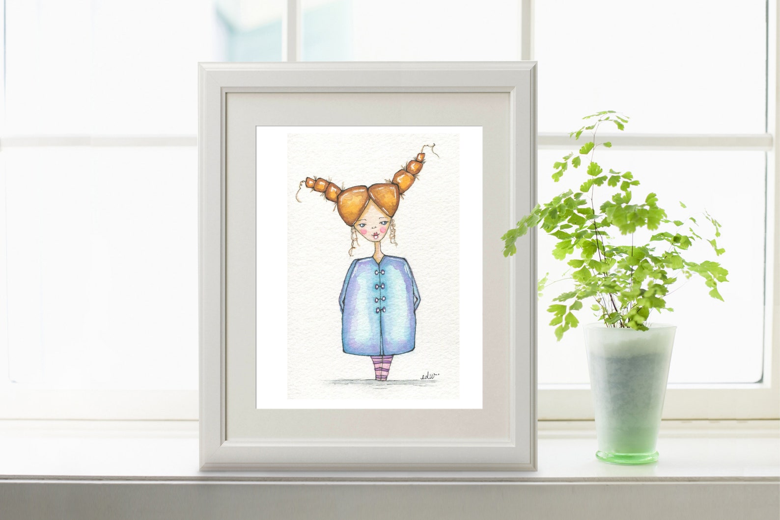 Watercolor Girl With Pigtails Painting Girl Wall Art. Girl Illustration ...