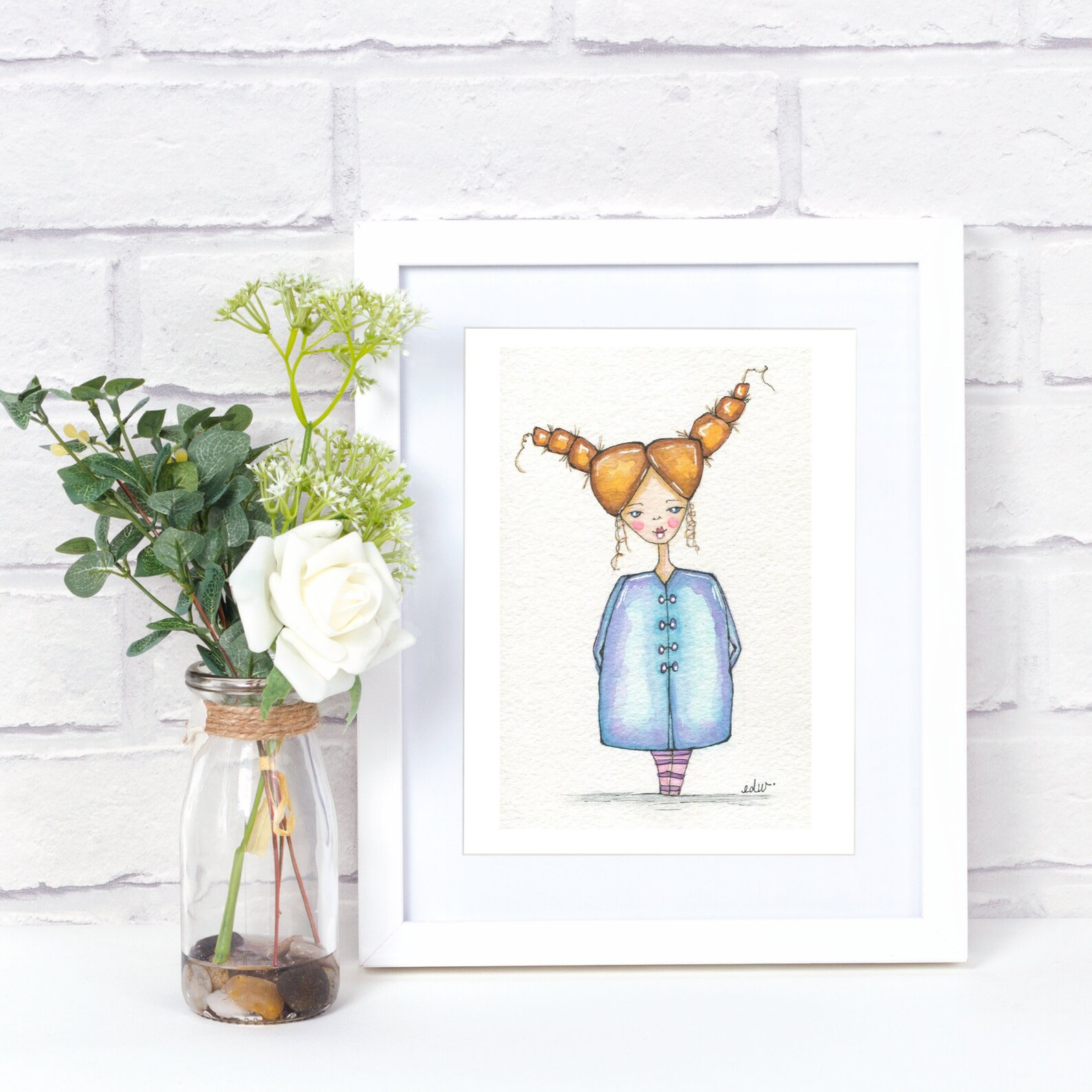 Watercolor Girl With Pigtails Painting Girl Wall Art. Girl Illustration ...