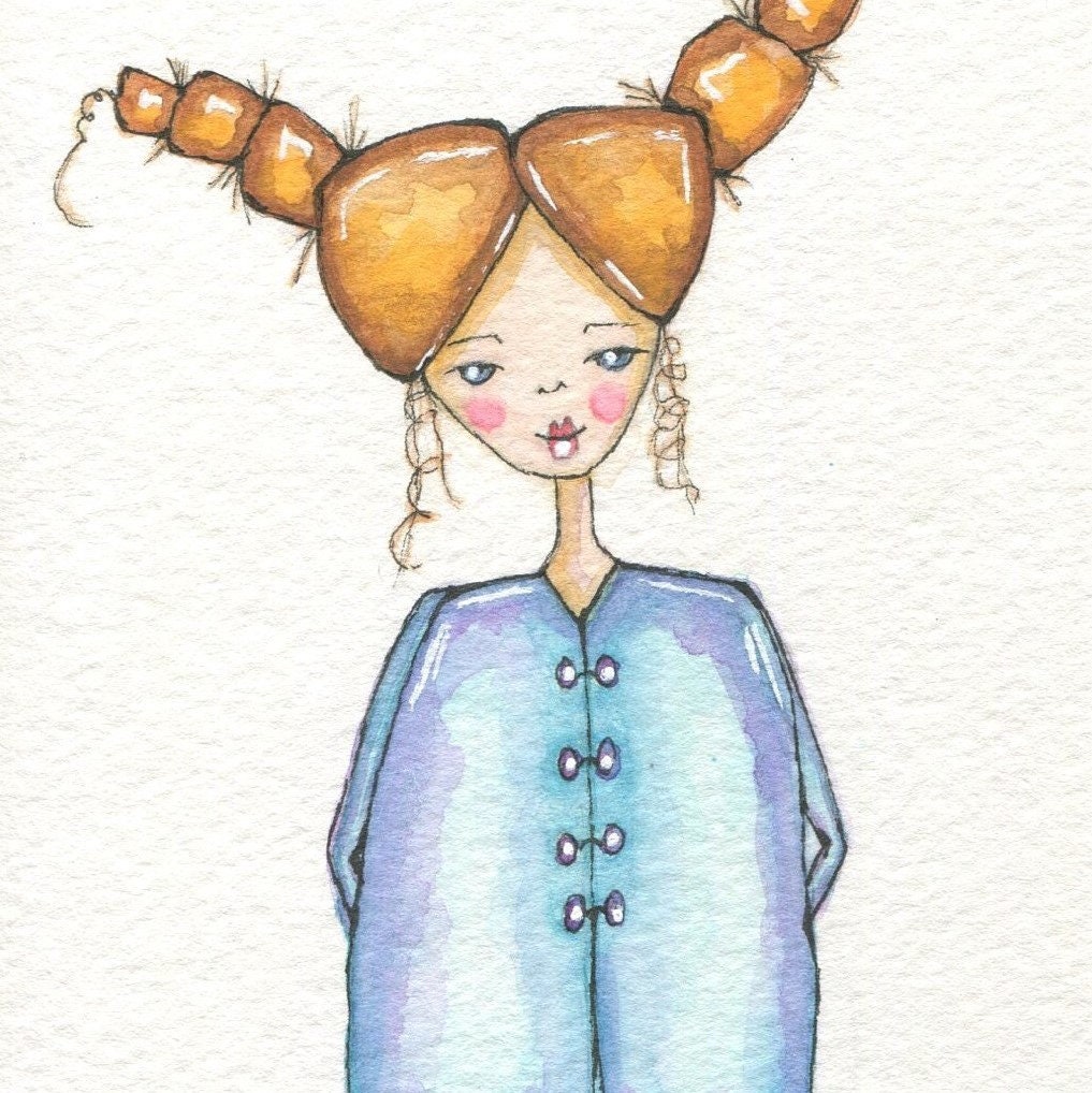 Watercolor Girl With Pigtails Painting Girl Wall Art. Girl Illustration ...